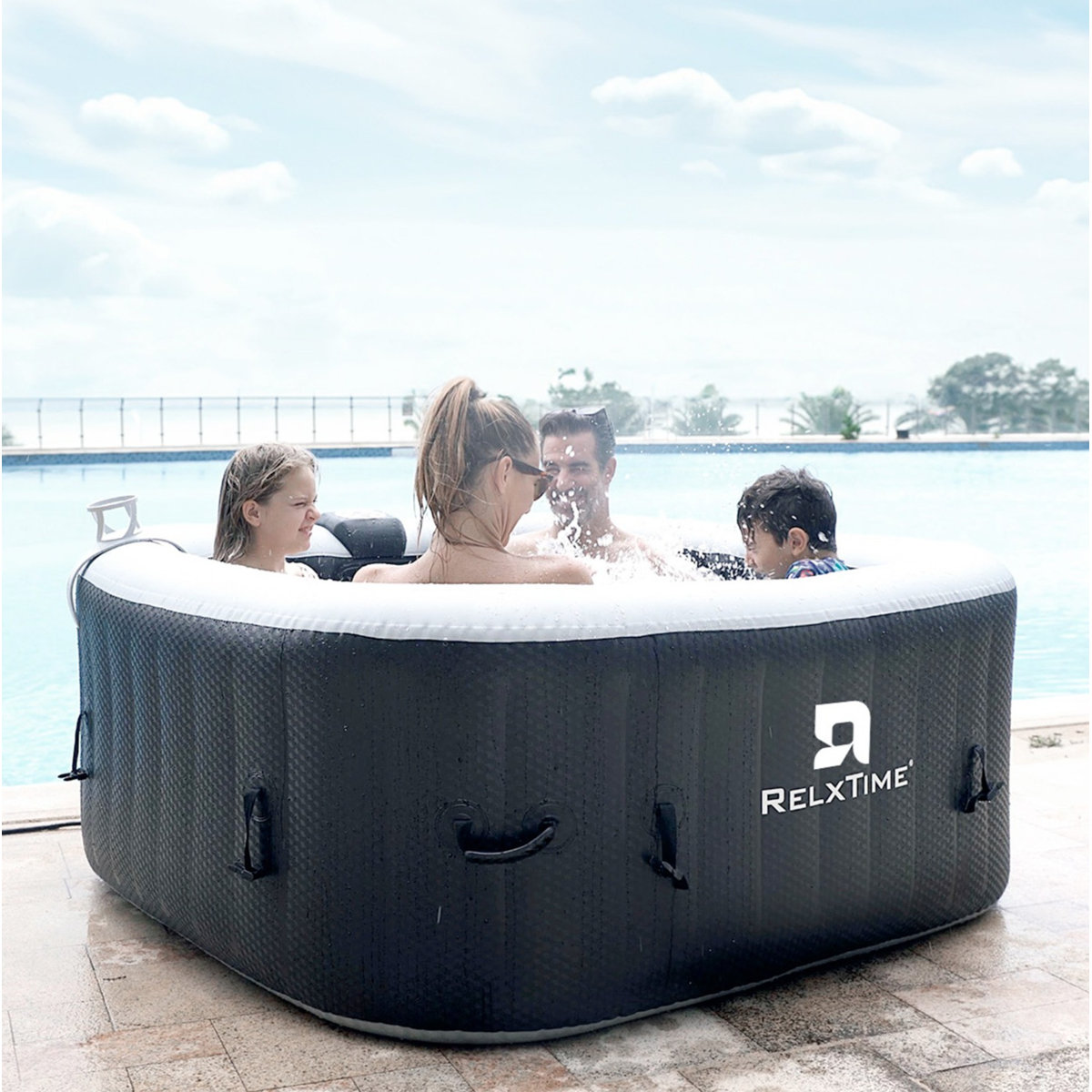 RELXTIME Portable Square Energy-Saving Inflatable Hot Tub for 4 People with Insulation Cover and ...